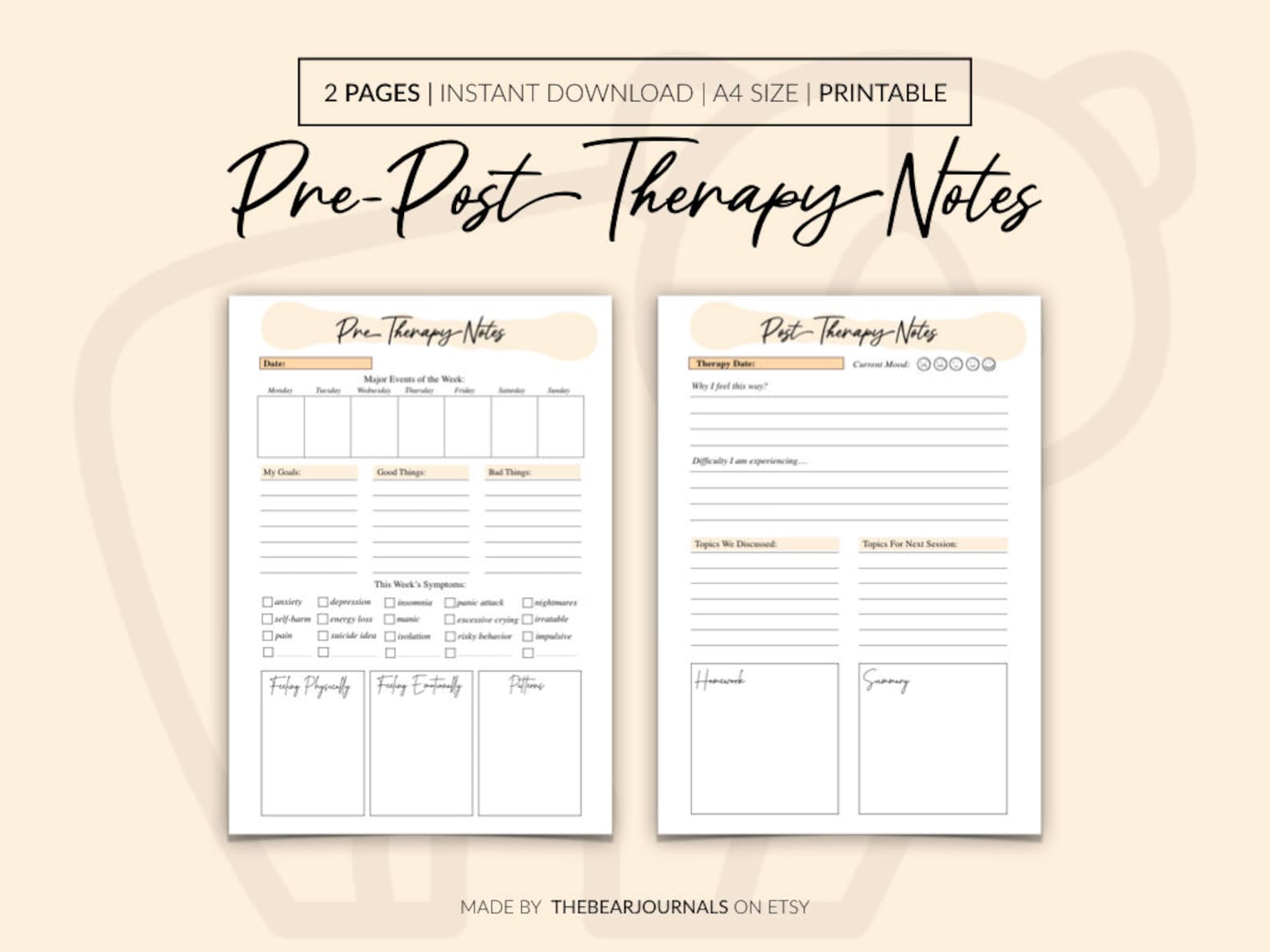 Pre-therapy & Post-therapy Notes, Therapy Session Journal, Therapy ...