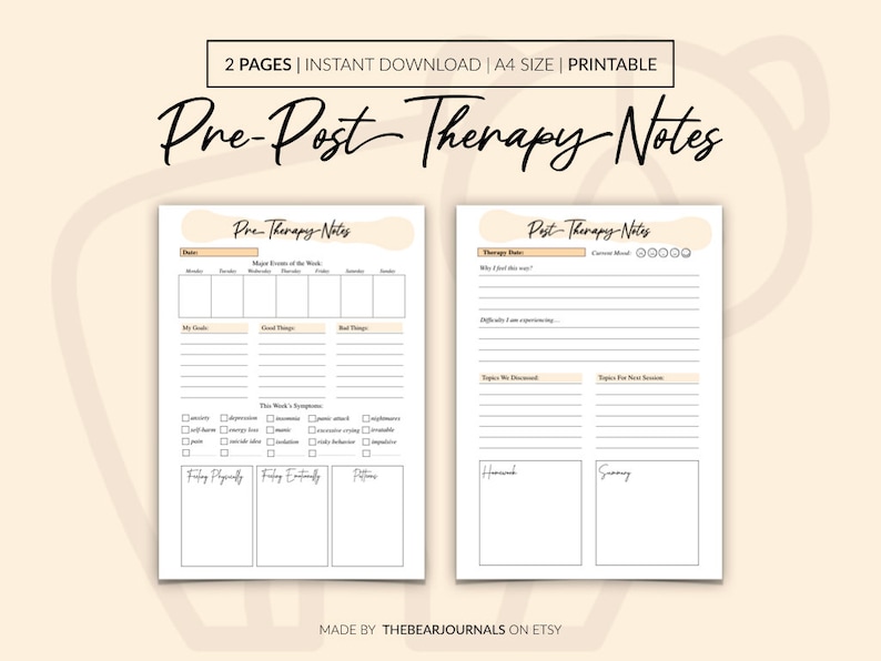Pre-therapy & Post-therapy Notes, Therapy Session Journal, Therapy ...