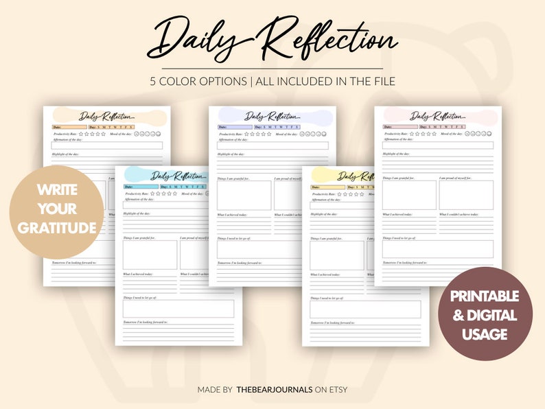 Self Reflection Journal, Daily Reflection, Weekly Reflection, Monthly ...