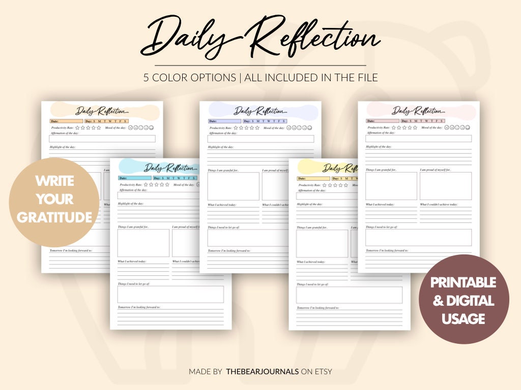 Self Reflection Journal, Daily Reflection, Weekly Reflection, Monthly ...