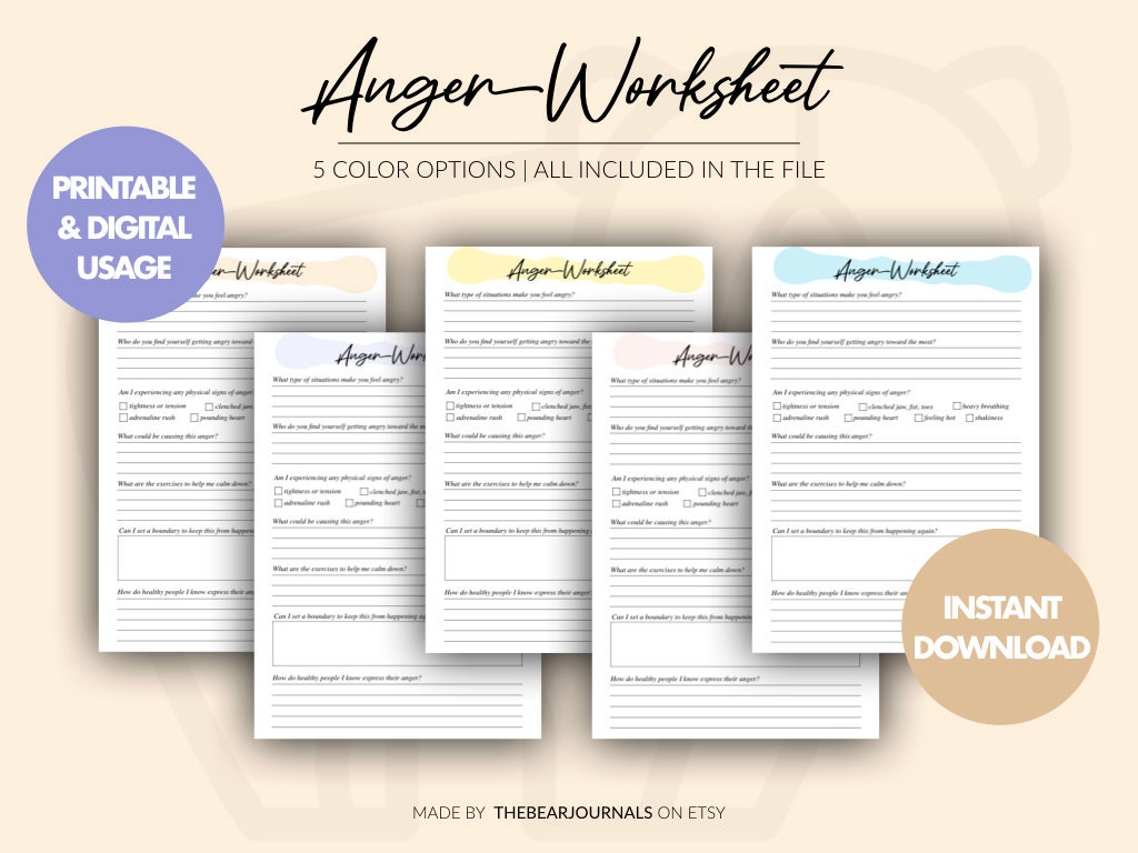 Anger Worksheet, Anger Management Worksheet, Anger Management Journal ...