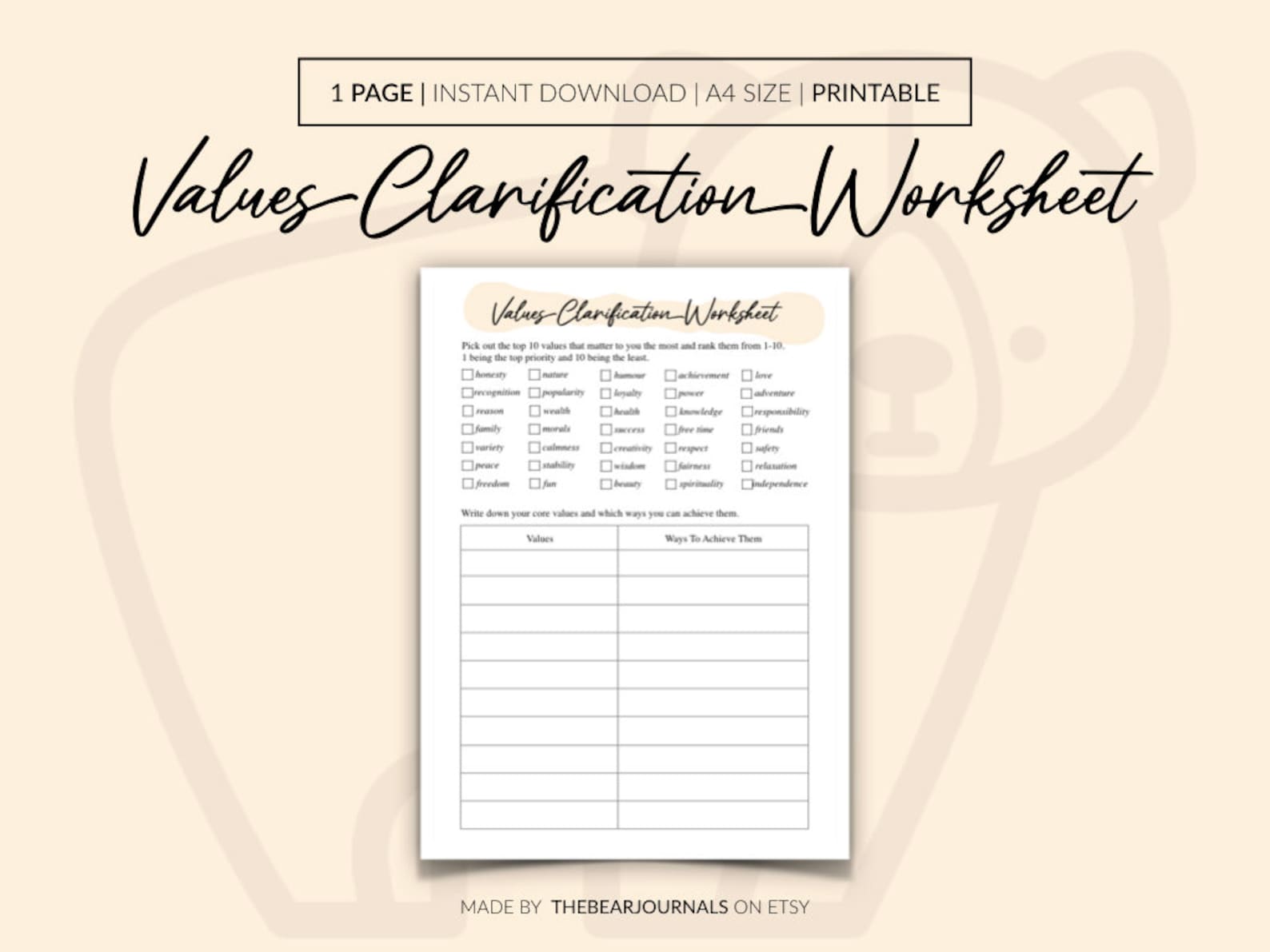 Values Clarification Worksheet, Identifying Values Worksheet, Personal ...