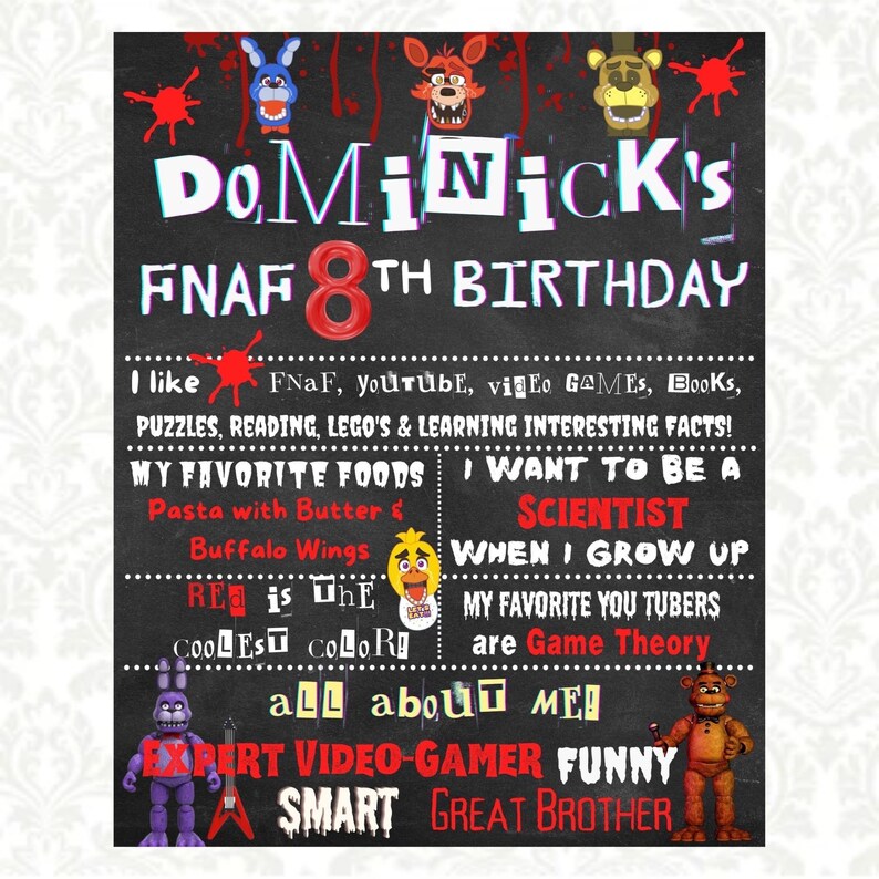 FNAF Party, Five Nights at Freddys, Custom Birthday Chalkboard, Table ...