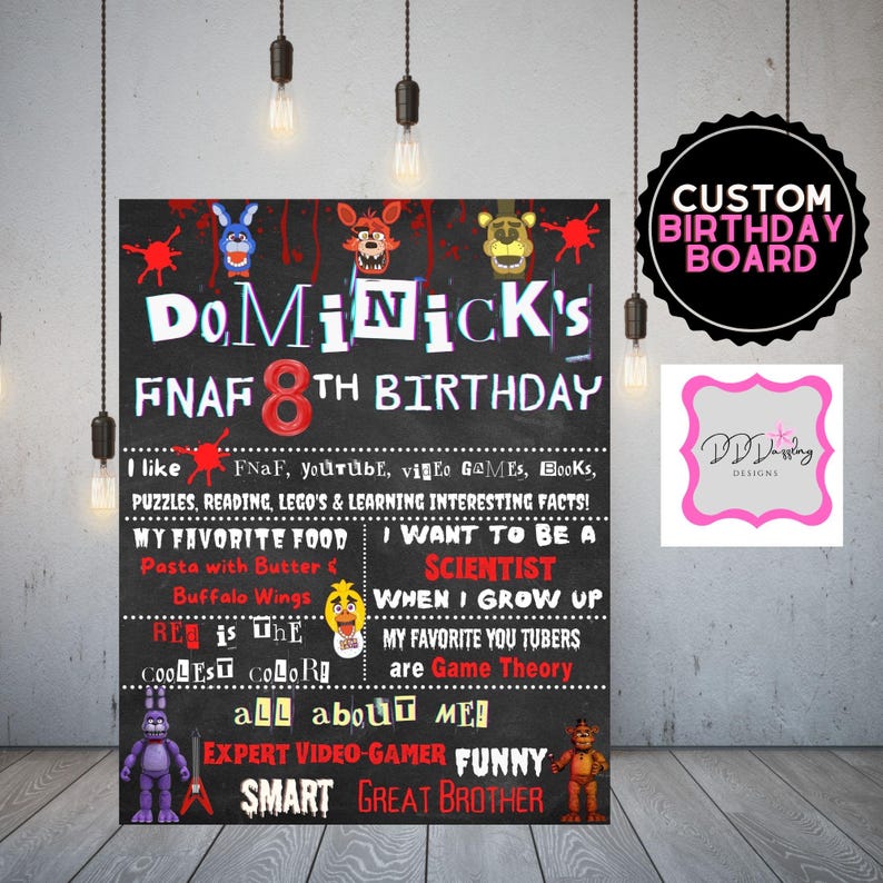 FNAF Party, Five Nights at Freddys, Custom Birthday Chalkboard, Table ...