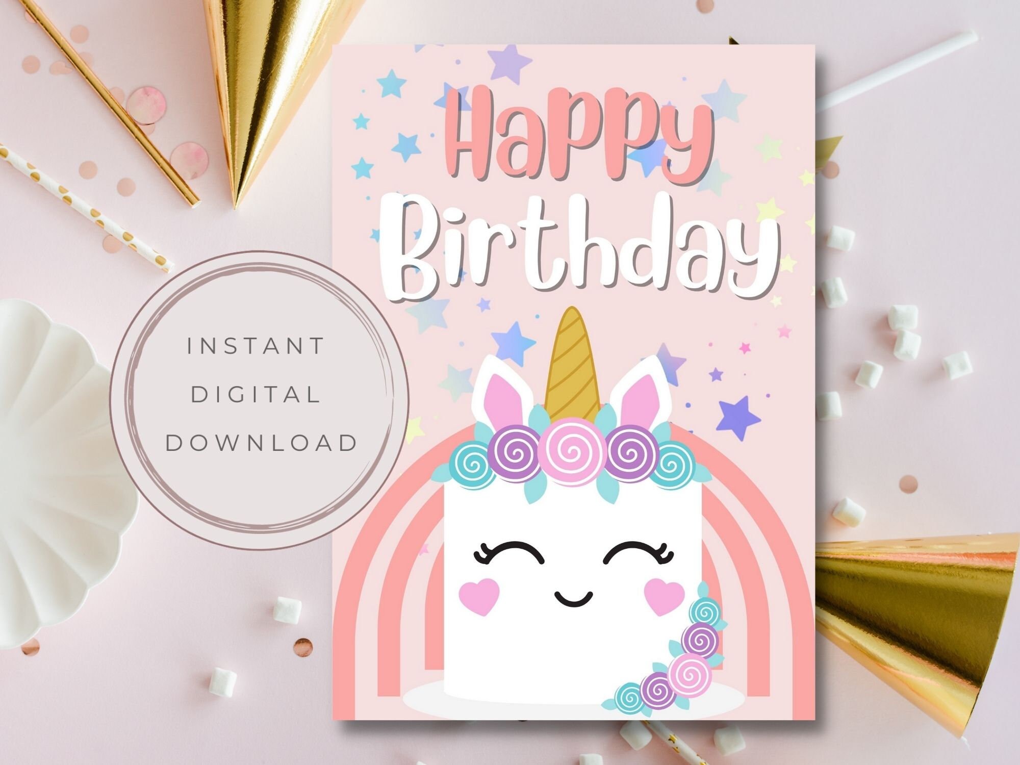Printable Unicorn Birthday Cake Card, Rainbow Unicorn Birthday Card ...