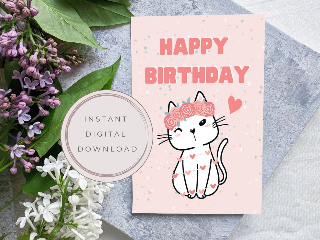 Flower Crown Cat Birthday Card, Pretty Kitty Birthday Card for Girls ...