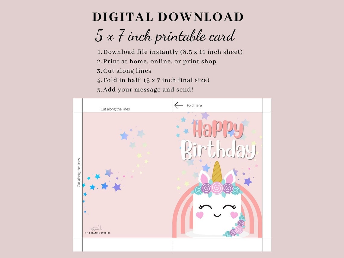 Printable Unicorn Birthday Cake Card, Rainbow Unicorn Birthday Card ...