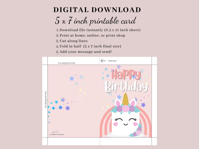 Printable Unicorn Birthday Cake Card, Rainbow Unicorn Birthday Card ...
