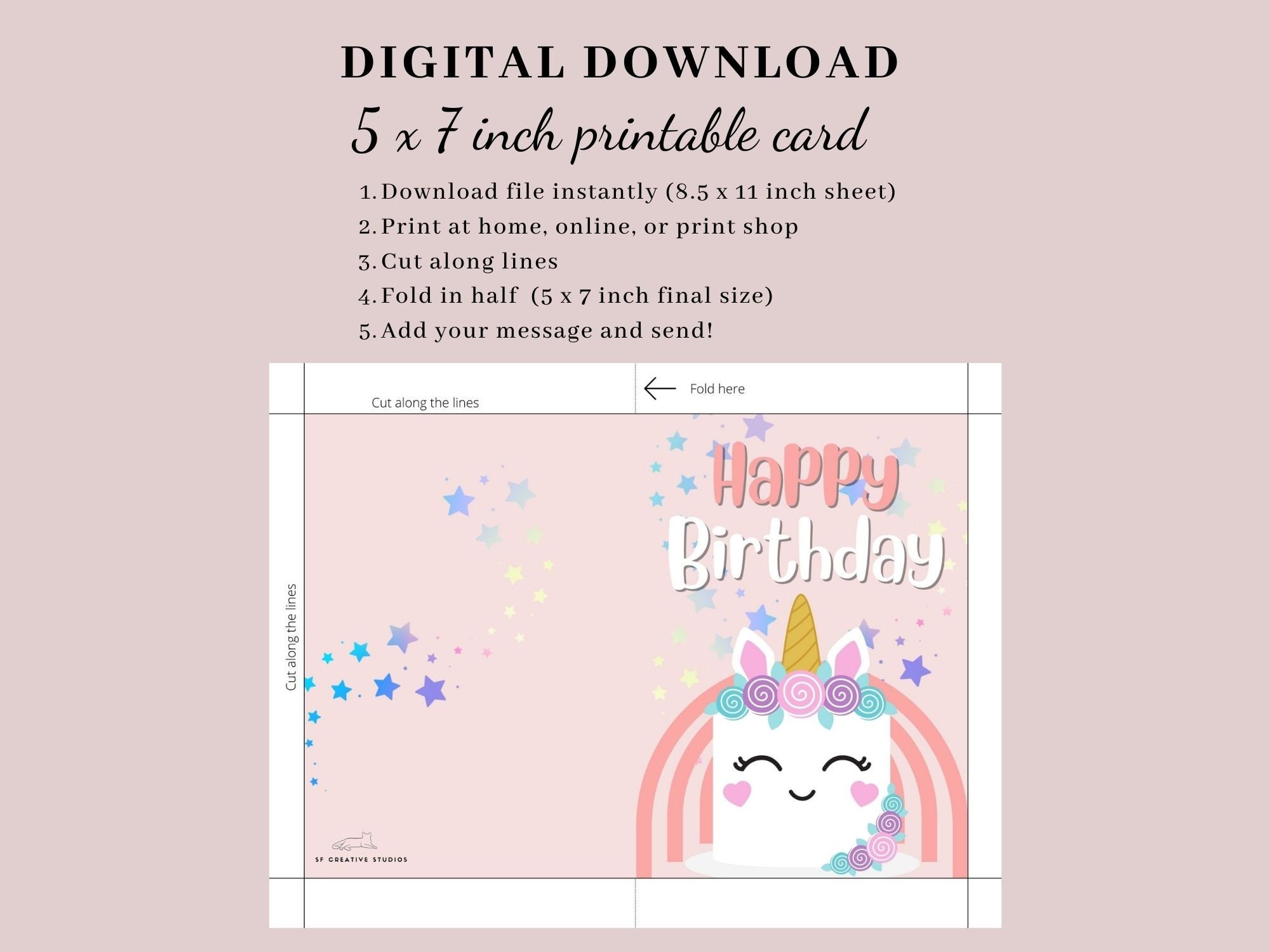 Printable Unicorn Birthday Cake Card, Rainbow Unicorn Birthday Card ...