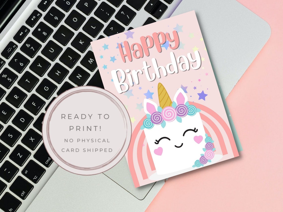 Printable Unicorn Birthday Cake Card, Rainbow Unicorn Birthday Card ...