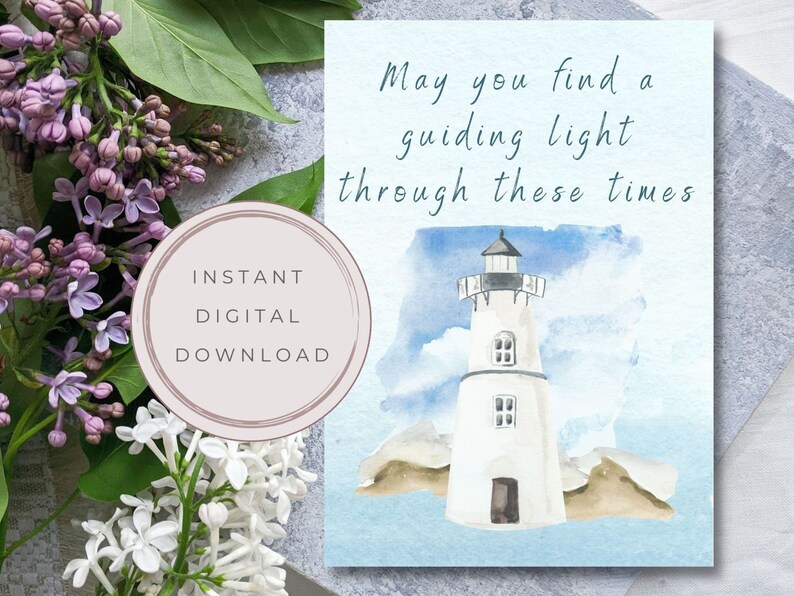 Printable Lighthouse Condolence Card, Blue Watercolor Sympathy Card ...