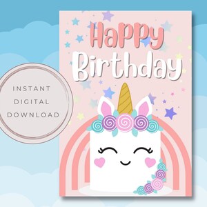 Printable Unicorn Birthday Cake Card, Rainbow Unicorn Birthday Card ...