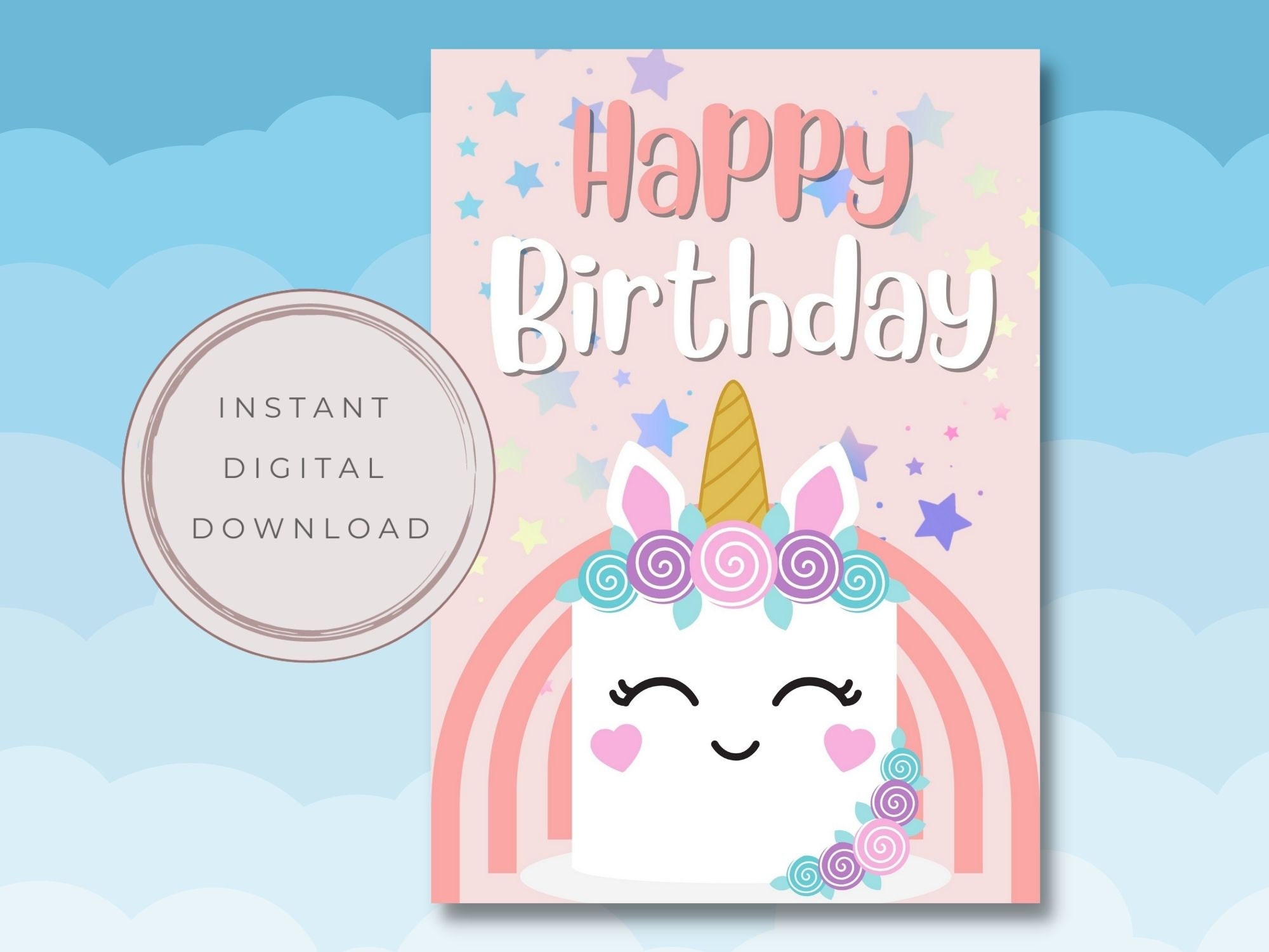Printable Unicorn Birthday Cake Card, Rainbow Unicorn Birthday Card ...