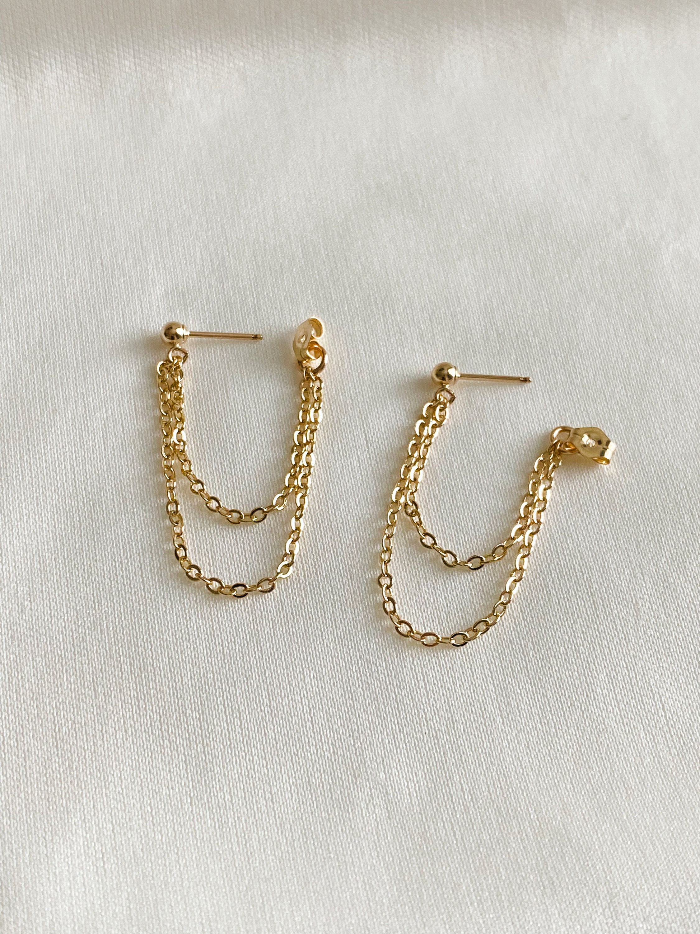 Gold Stud Chain Earrings-14k Gold Filled Double Chain - Etsy