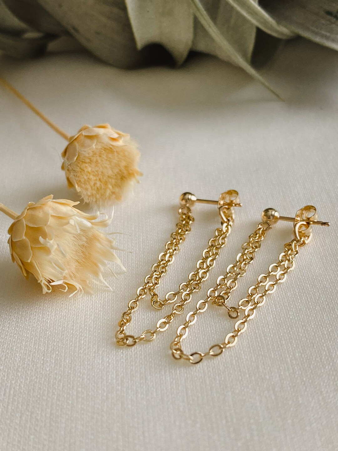 Gold Stud Chain Earrings-14k Gold Filled Double Chain Earrings- 925 ...