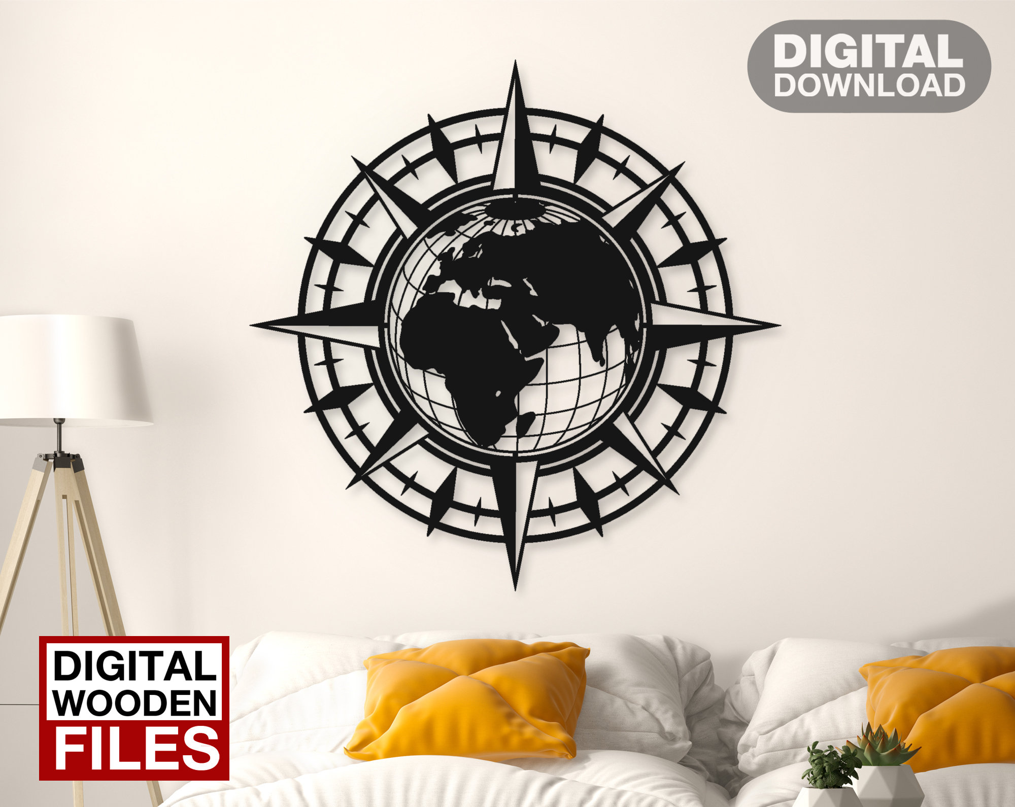 Compass Earth Map Laser Cut Svg Dxf File Wall Sticker - Etsy