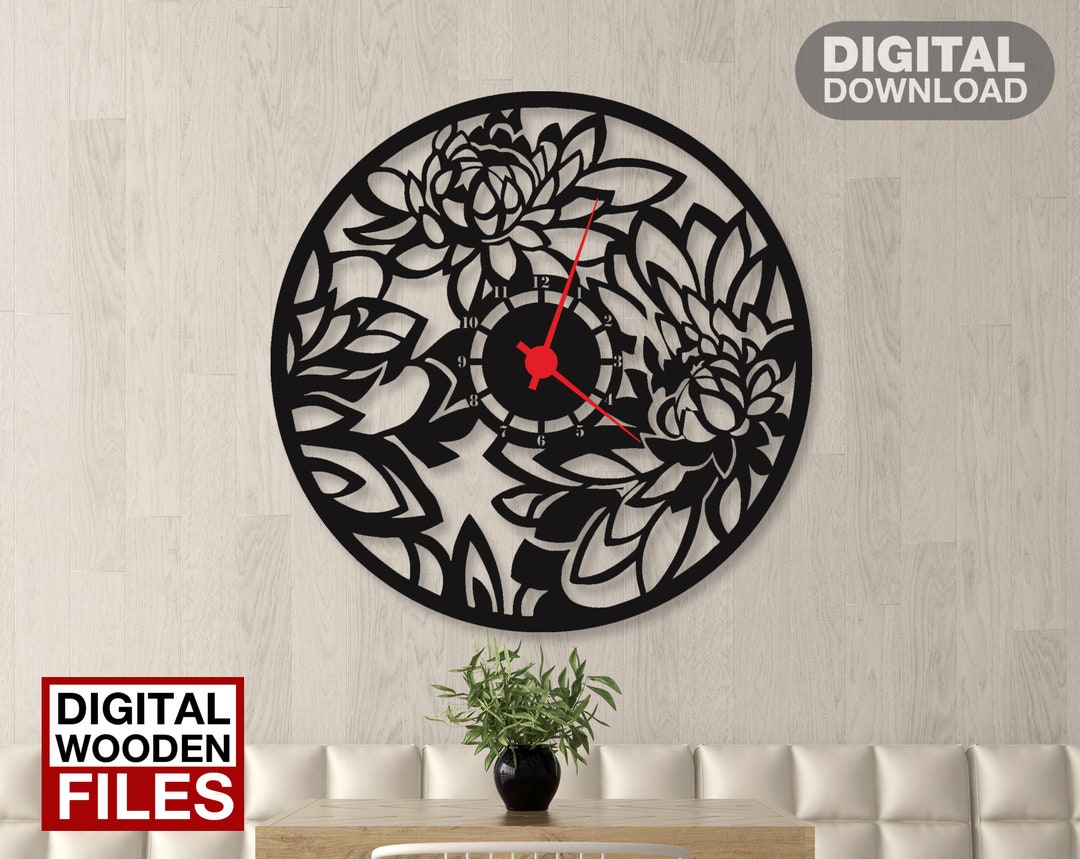 Wooden Modern Wall Clock, Flowers Clock, Laser Cut, Home Decor, Wall ...