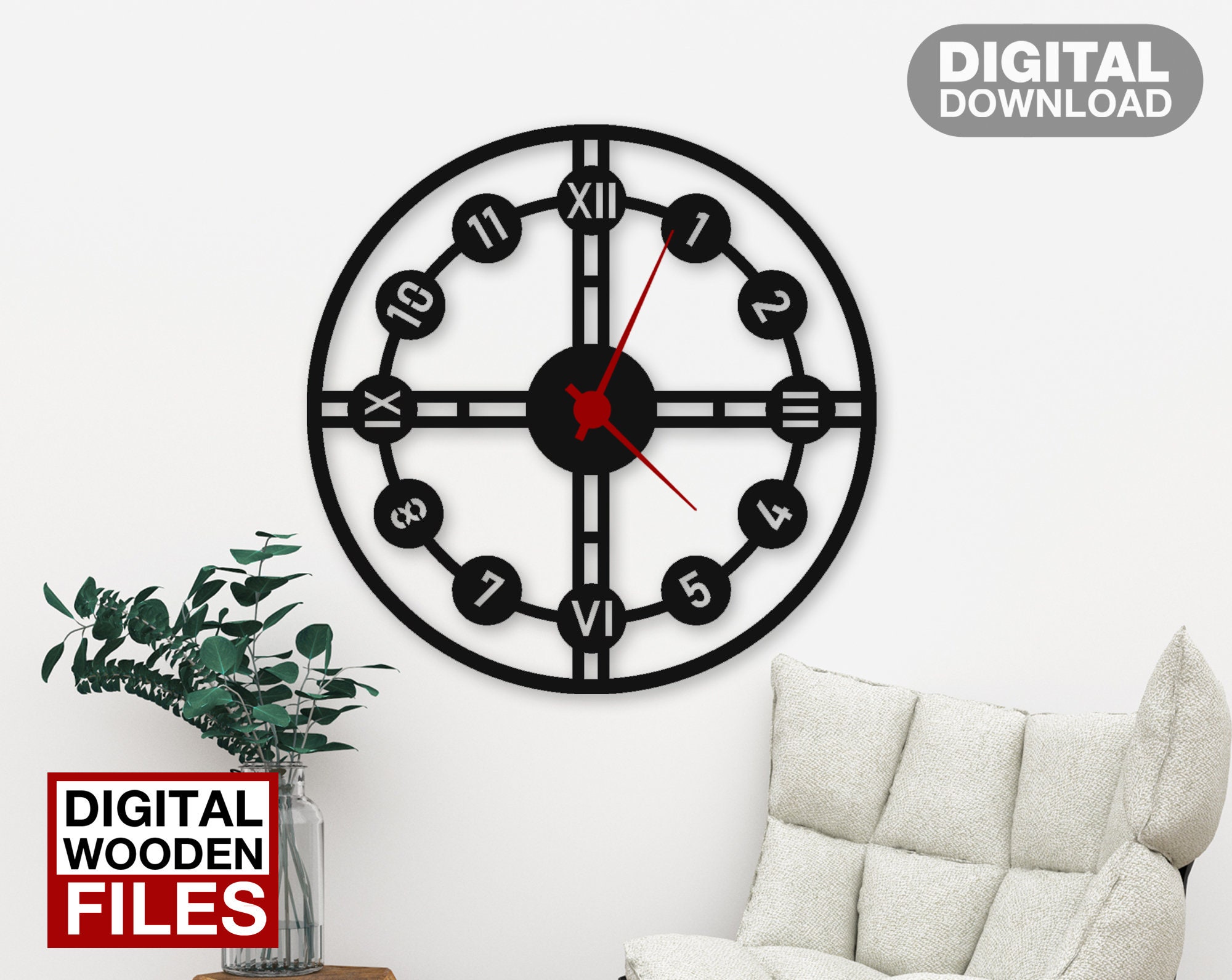 Prints Wooden Modern Wall Clock Dxf Wall art Digital Files Laser Cut Ai ...