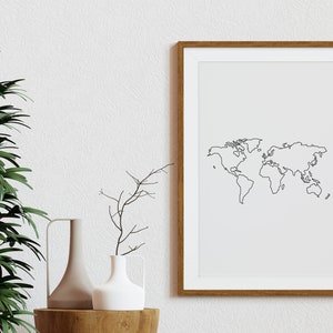 Minimalist World Map Line Art, Digital Download, Earth Outline Sketch ...