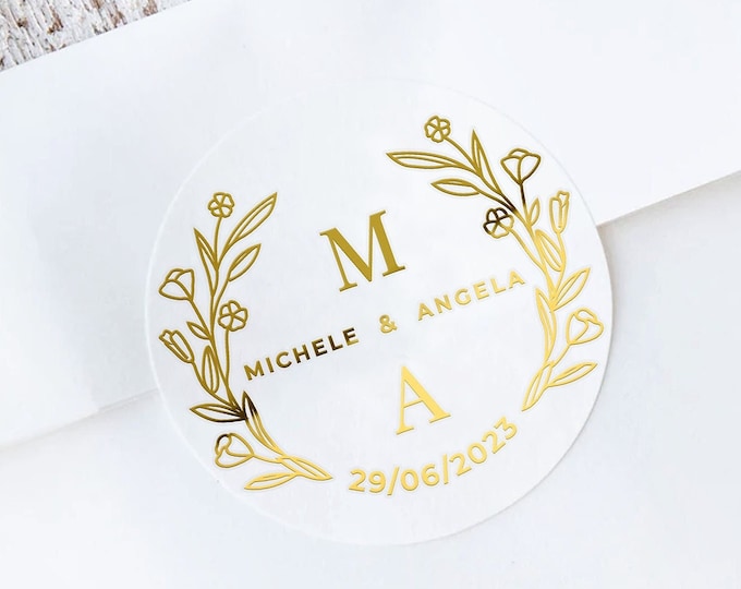 Floral Wedding Stickers, Monogram Foil Stickers, Floral Wreath Sticker ...