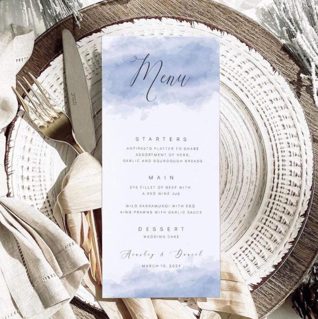 Simple Elegant Wedding Menu Template, French Blue Menu Cards, Blue ...