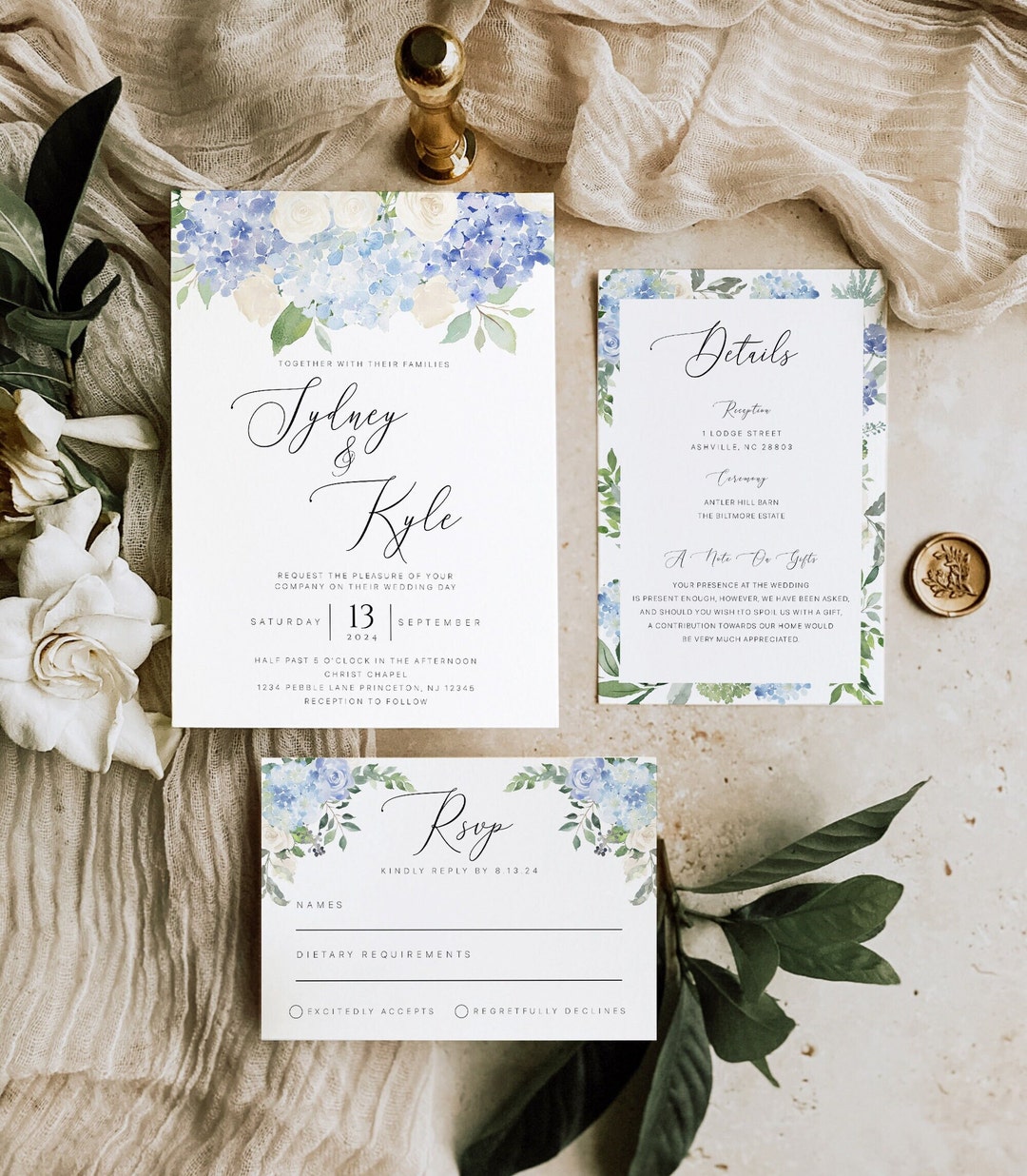 Wedding Invitation Template Set, Blue Hydrangea Wedding, Editable ...