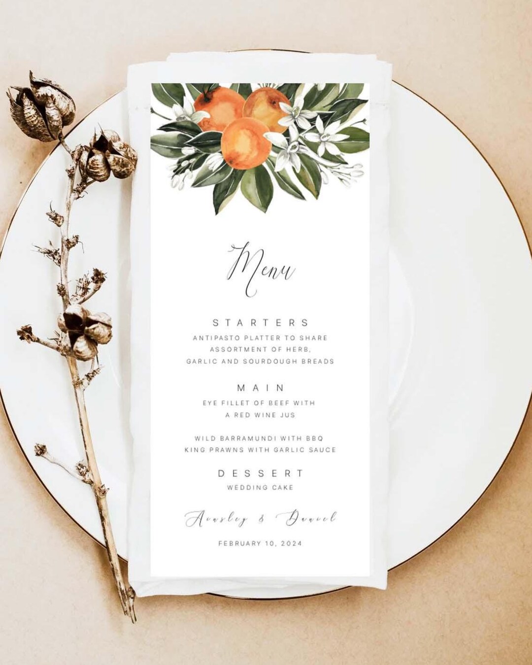 Orange Wedding Menu Template, Watercolor Orange Blossom Menu Printable ...