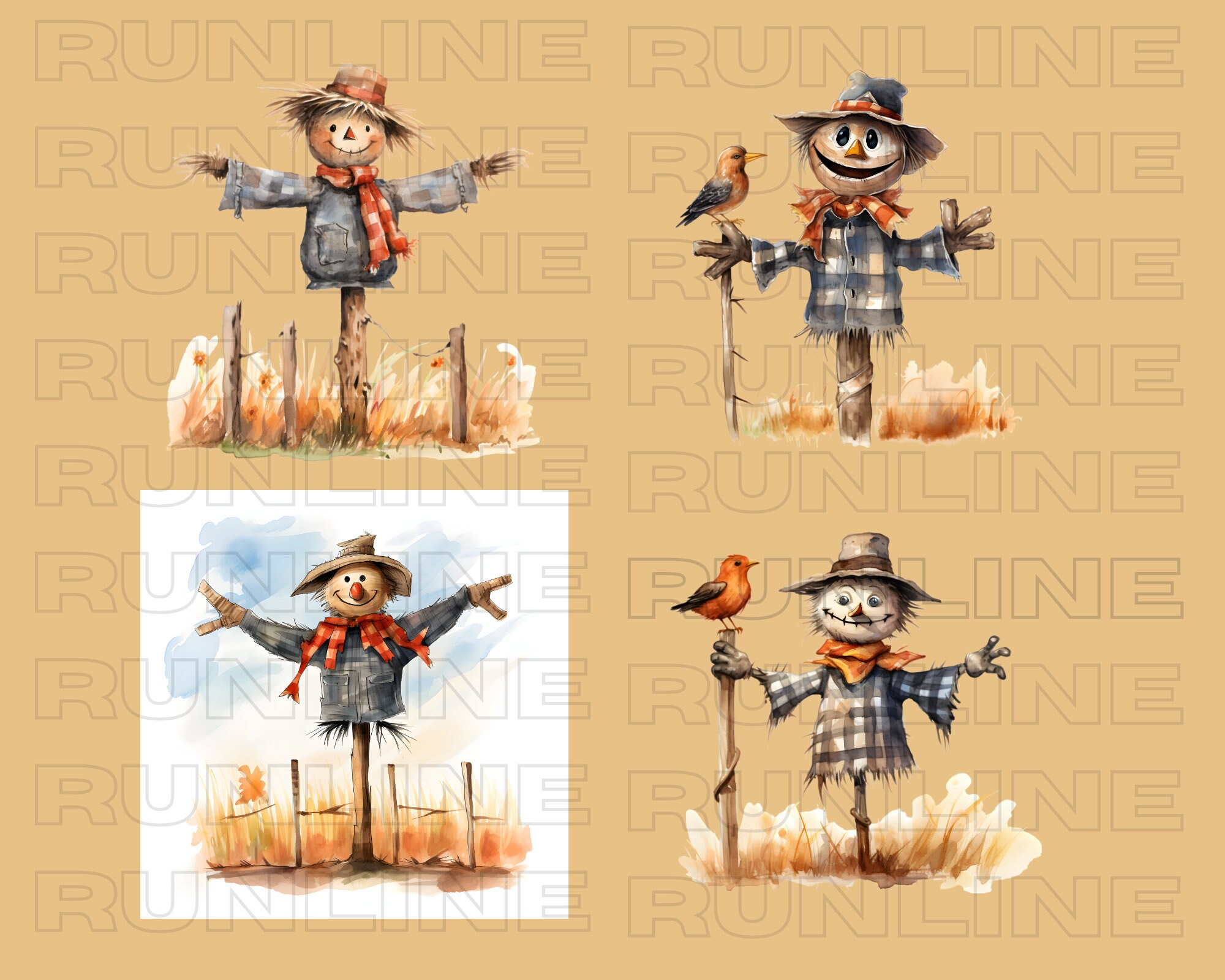Scarecrow Watercolor Clipart Bundle, Autumn Clipart, Fall PNG Clipart ...