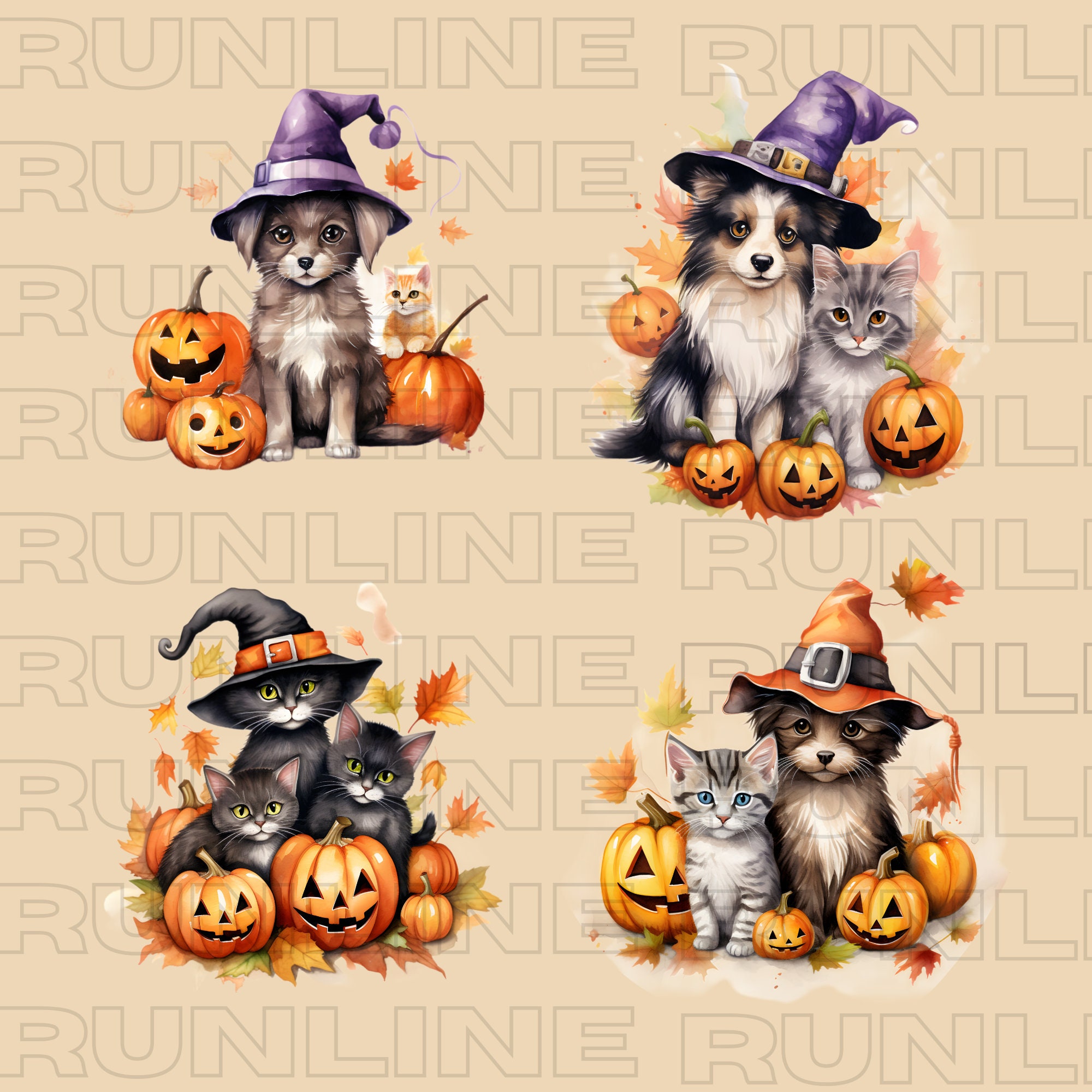 Halloween Pet Watercolor Clipart, Cute Autumn Pets Clipart Bundle, Fall ...