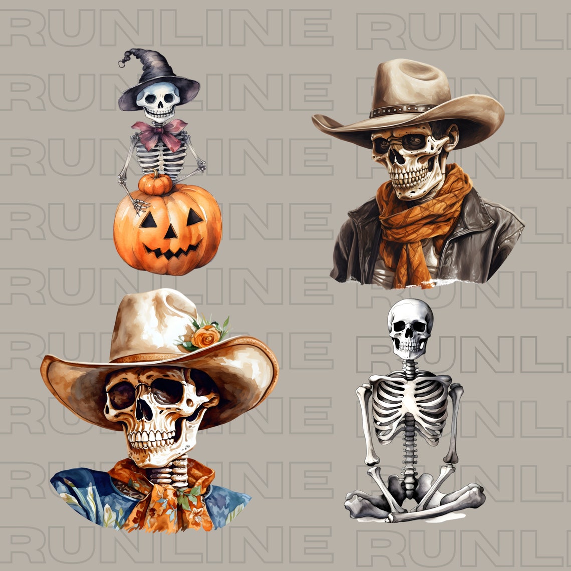 Skeleton Watercolor Clipart Bundle, Halloween PNG Clipart, Autumn ...