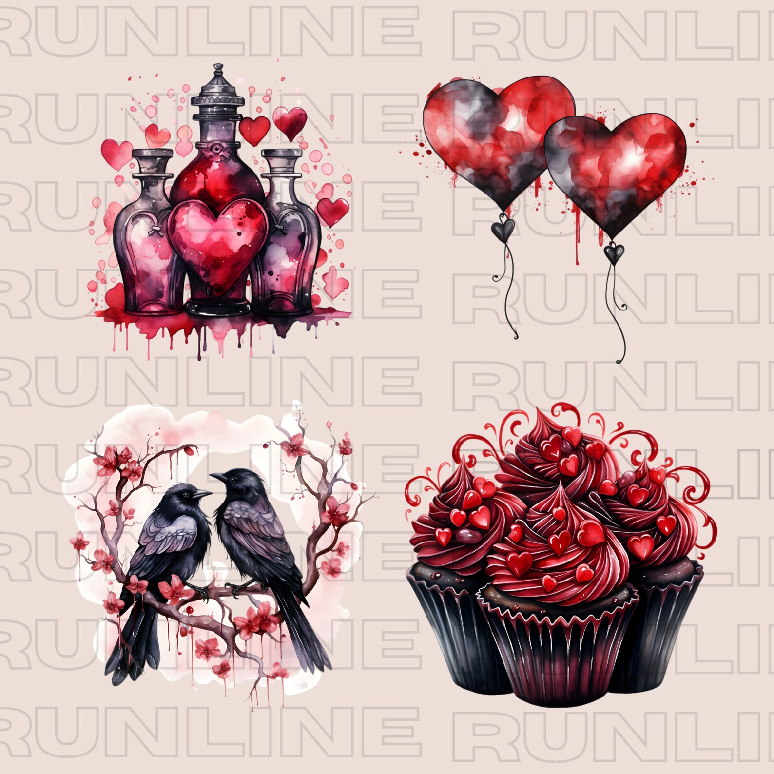 Gothic Valentine's Day PNG Bundle, Watercolor Gothic Valentine's Day ...