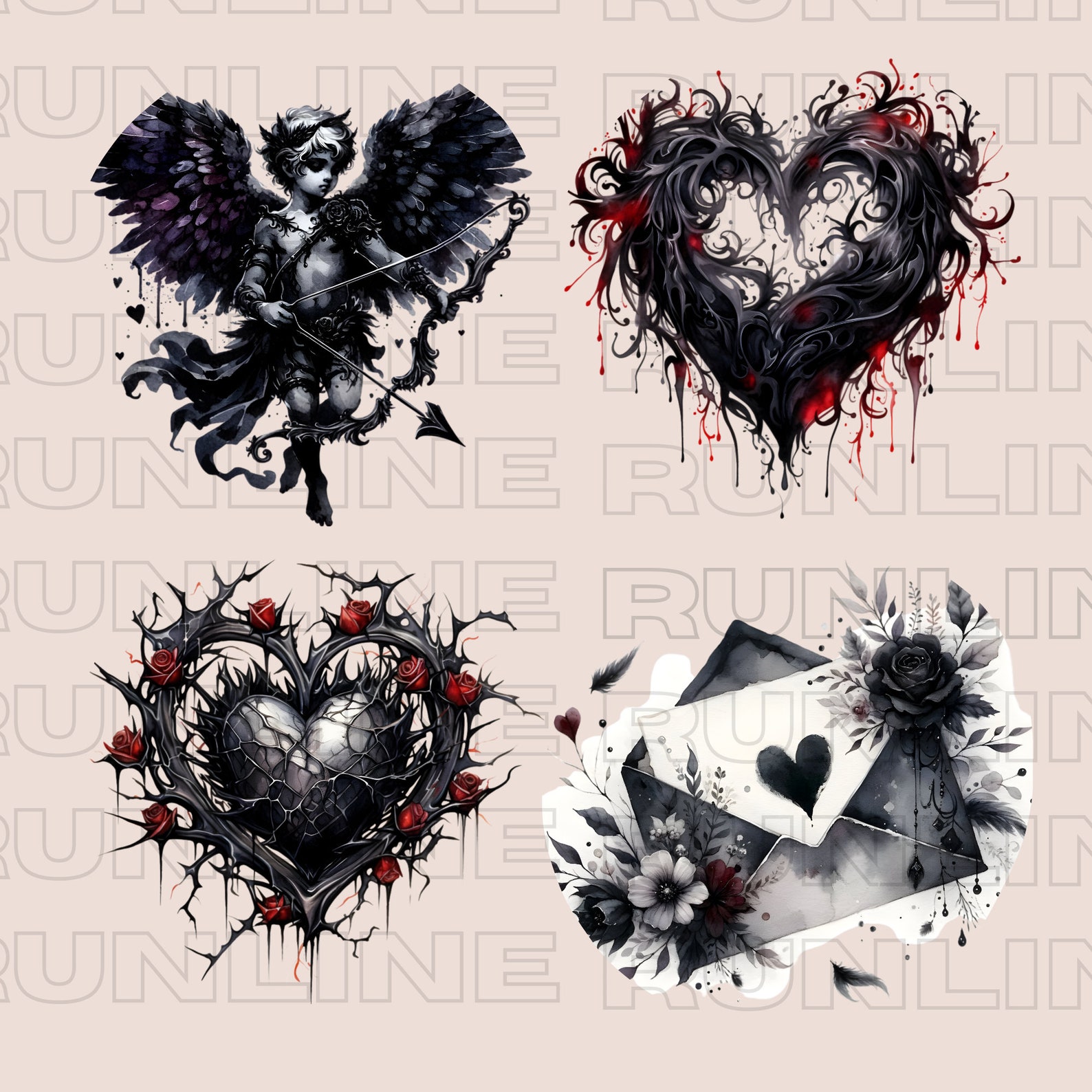 Gothic Valentine's Day PNG Bundle, Watercolor Gothic Valentine's Day ...