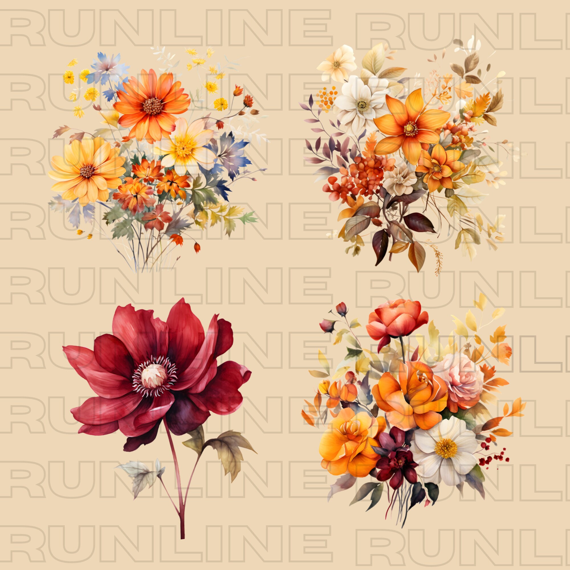 Autumn Flowers Watercolor Clipart Bundle, Fall Flowers Digital Download ...