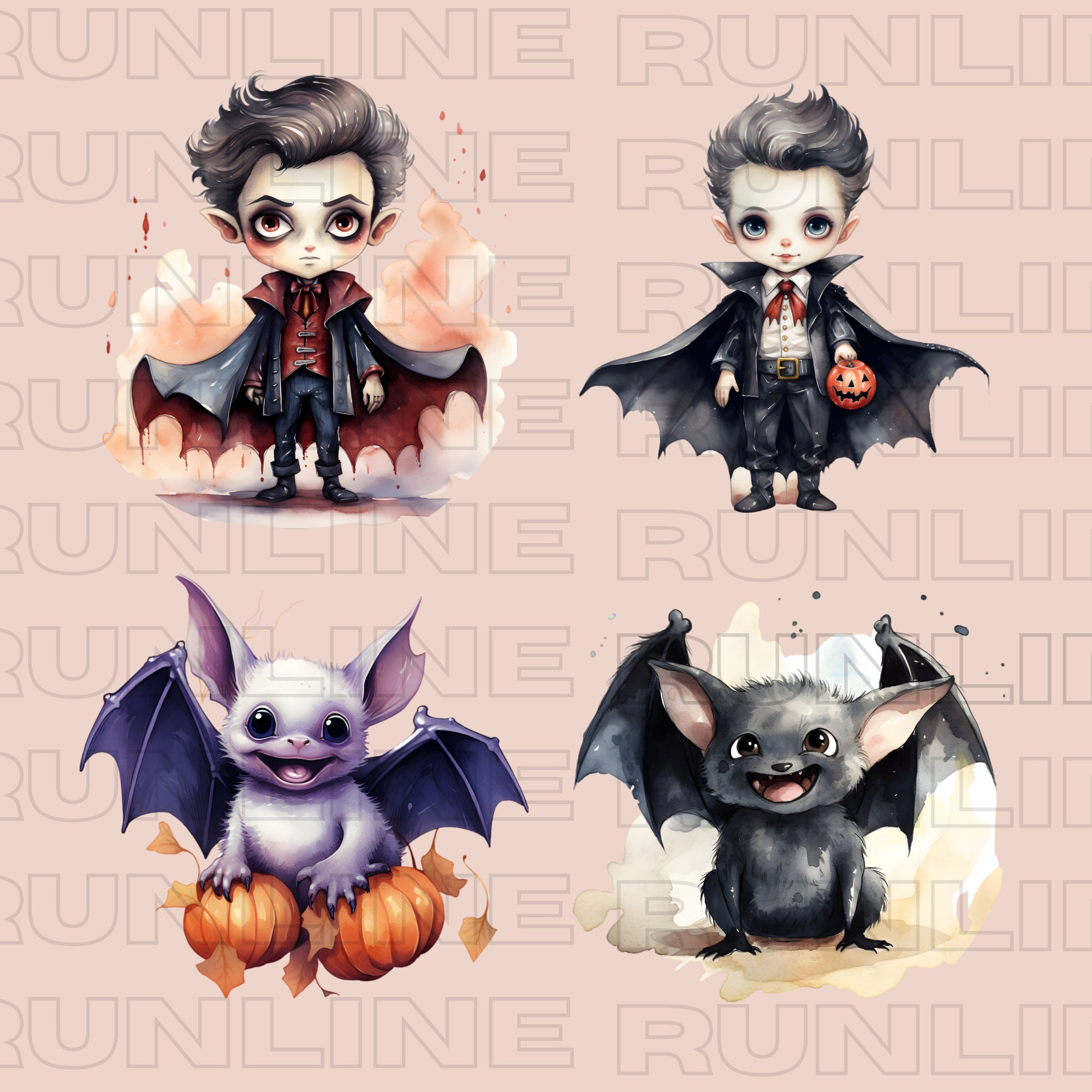 Vampire Watercolor Clipart Bundle, Halloween PNG Clipart, Autumn ...