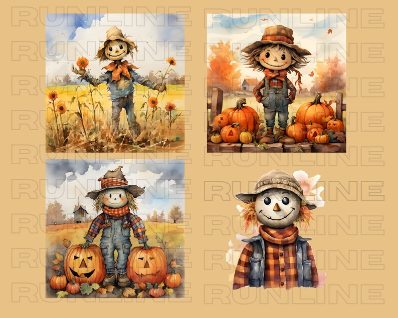 Scarecrow Watercolor Clipart Bundle, Autumn Clipart, Fall PNG Clipart ...