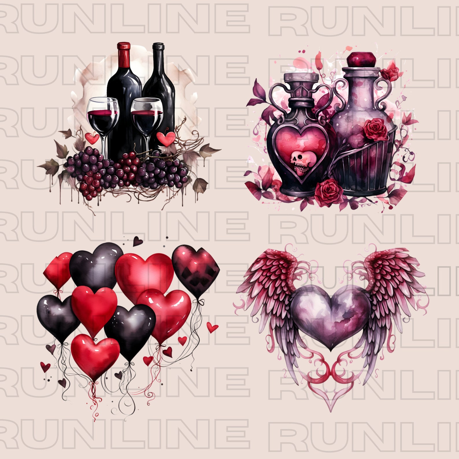 Gothic Valentine's Day PNG Bundle, Watercolor Gothic Valentine's Day ...