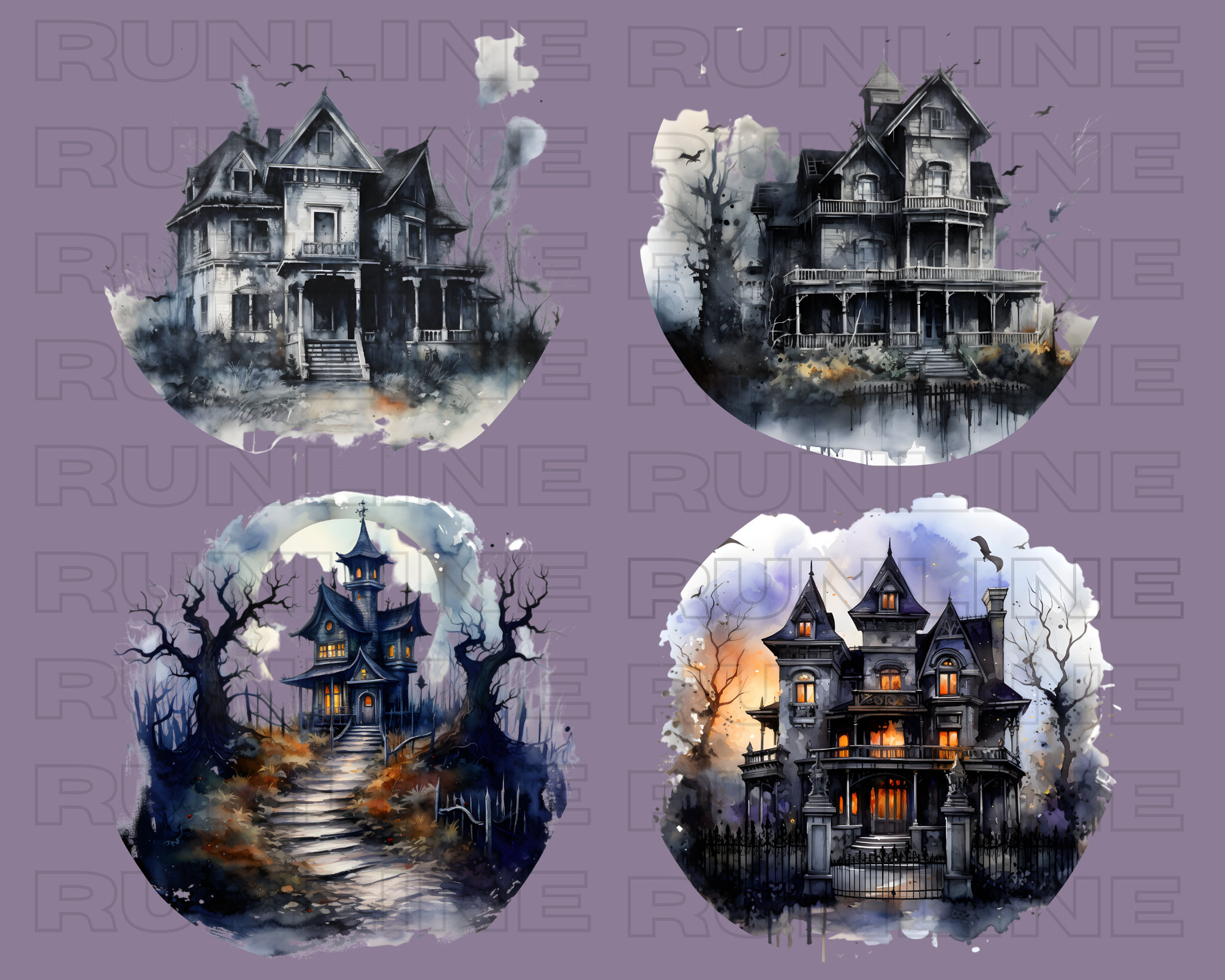 Haunted House Watercolor Clipart Bundle, Autumn Clipart, Halloween PNG ...