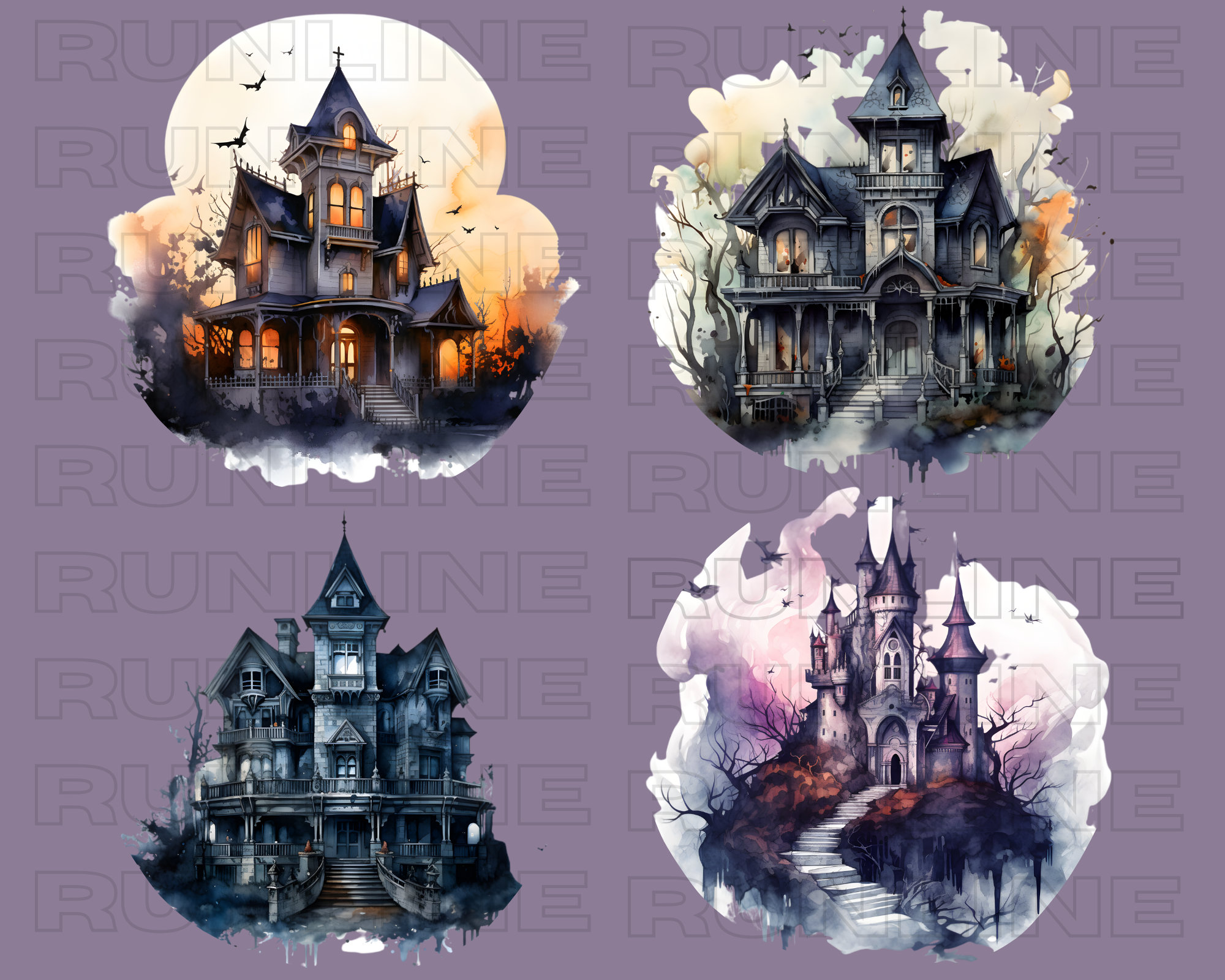 Haunted House Watercolor Clipart Bundle, Autumn Clipart, Halloween PNG ...