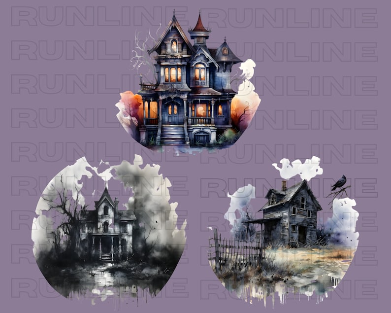Haunted House Watercolor Clipart Bundle, Autumn Clipart, Halloween PNG ...