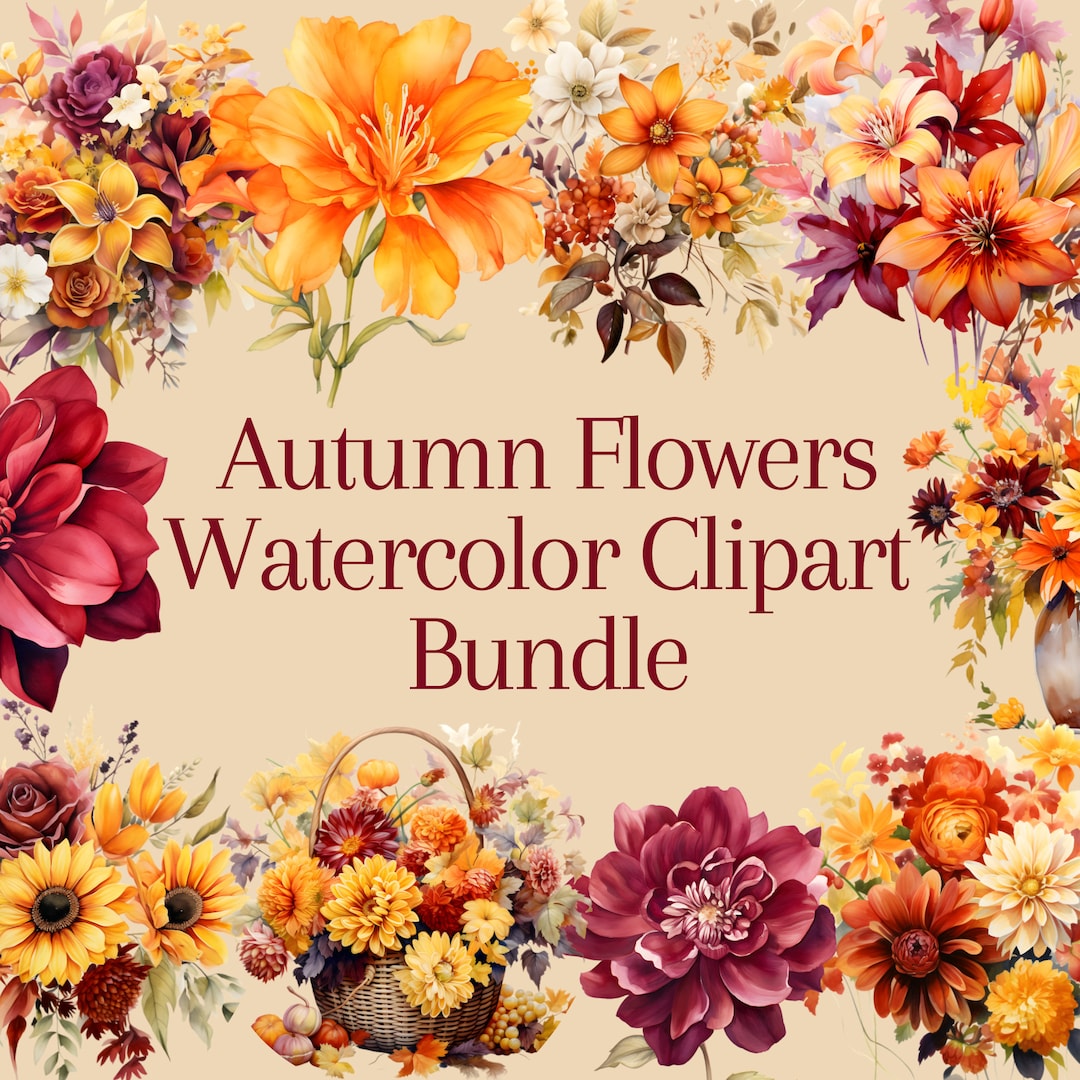 Autumn Flowers Watercolor Clipart Bundle, Fall Flowers Digital Download ...