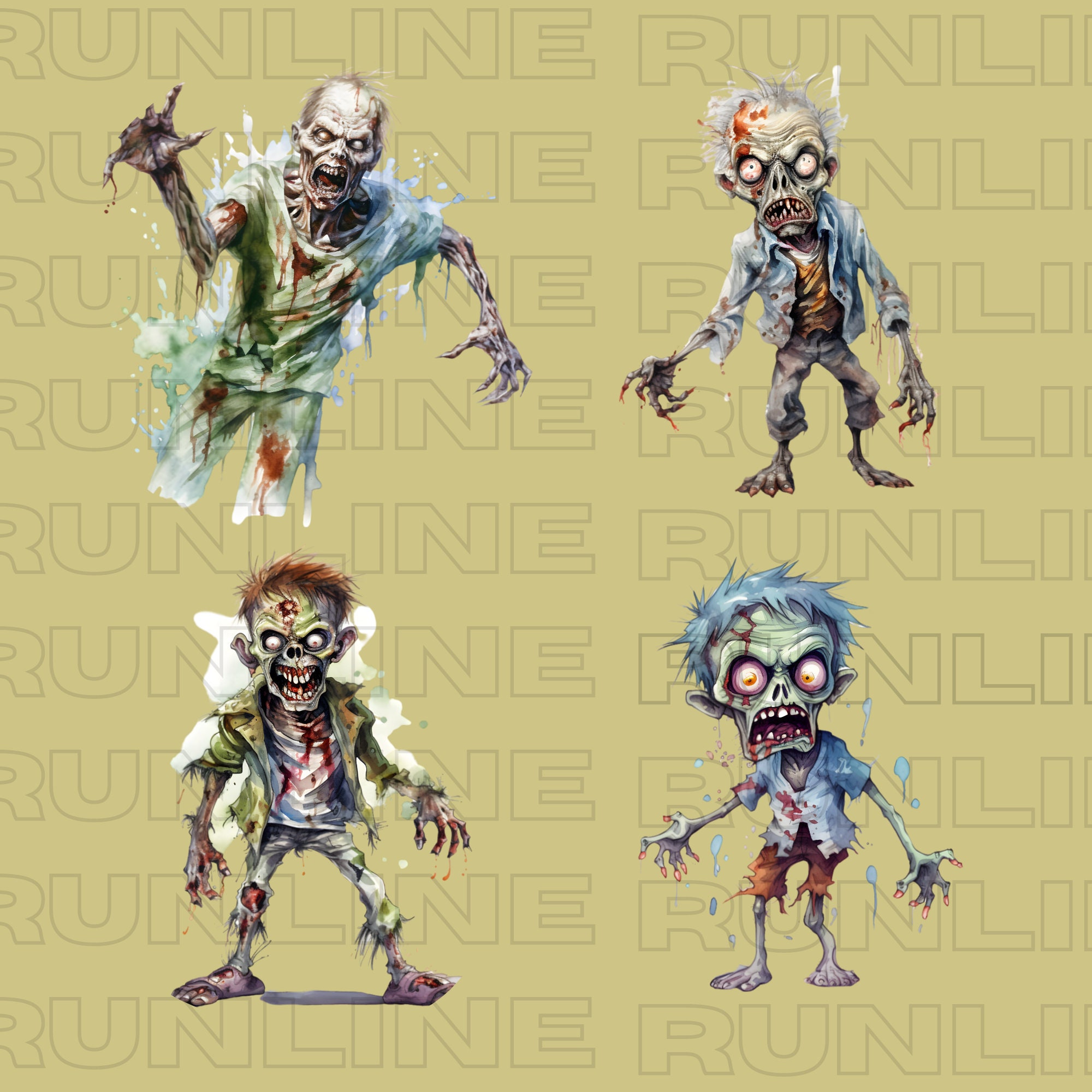 Zombie Watercolor Clipart Bundle, Halloween PNG Clipart, Autumn Clipart ...