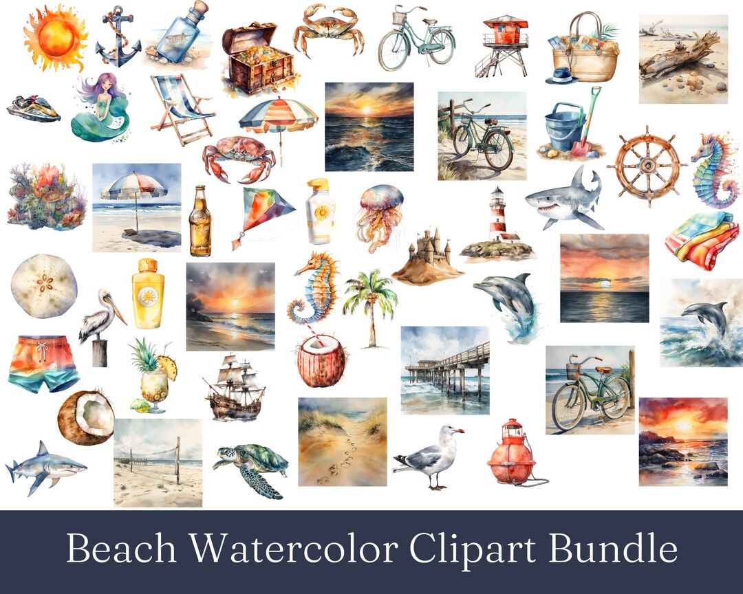 Beach PNG Bundle, Watercolor Beach Clipart, Beach SVG Bundle, Summer ...