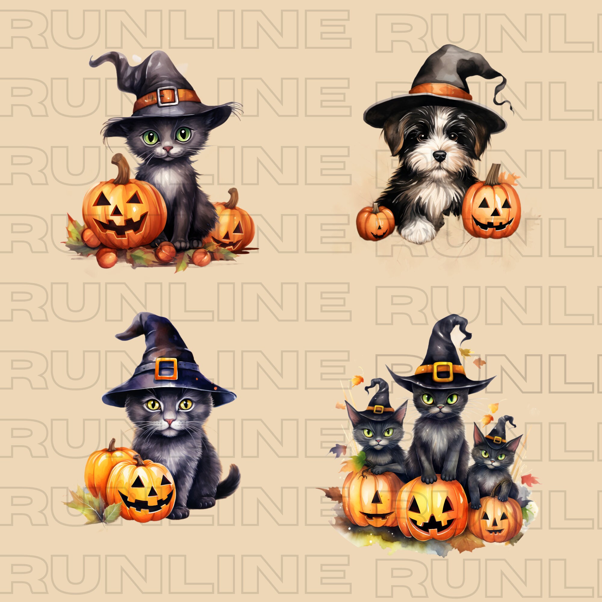 Halloween Pet Watercolor Clipart, Cute Autumn Pets Clipart Bundle, Fall ...