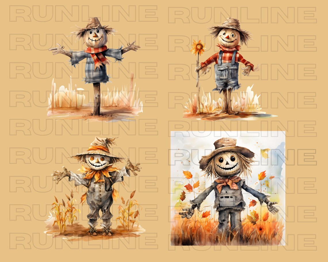 Scarecrow Watercolor Clipart Bundle, Autumn Clipart, Fall PNG Clipart ...