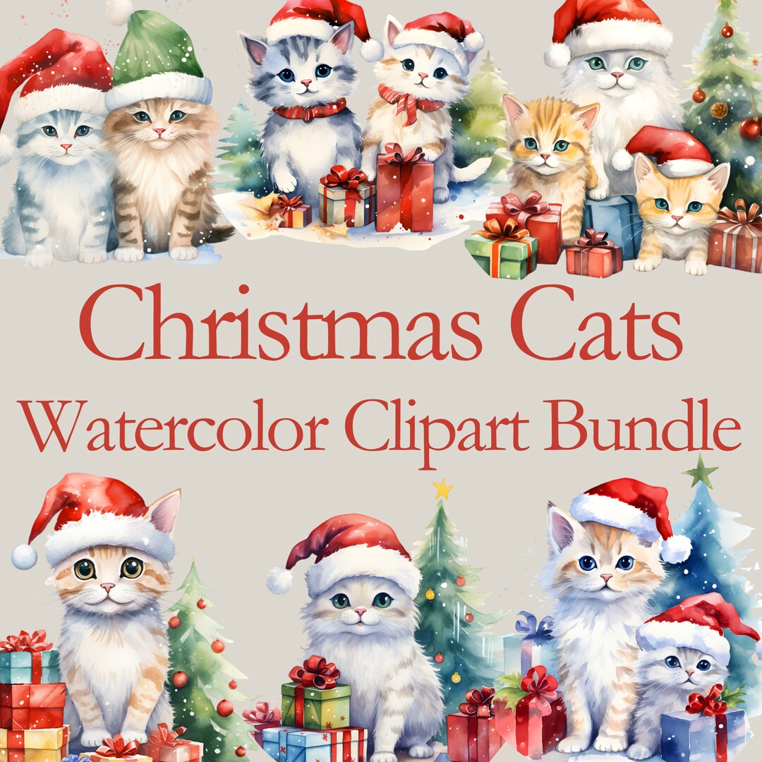 Christmas Cat Watercolor Clipart Bundle, Cute Christmas Cats, Christmas ...
