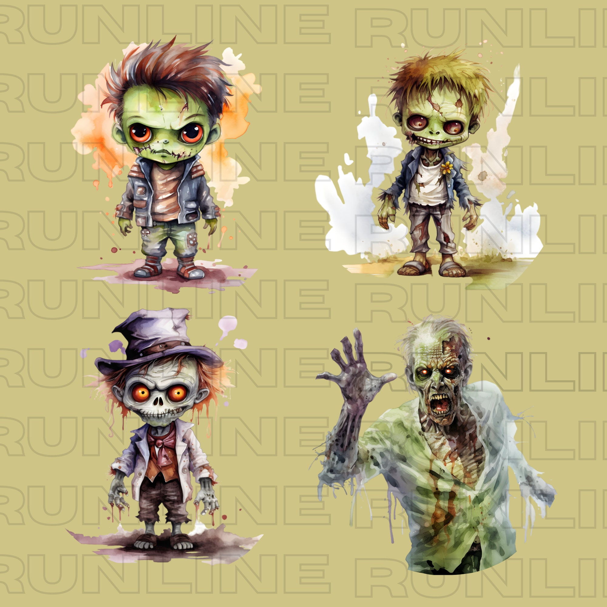 Zombie Watercolor Clipart Bundle, Halloween PNG Clipart, Autumn Clipart ...