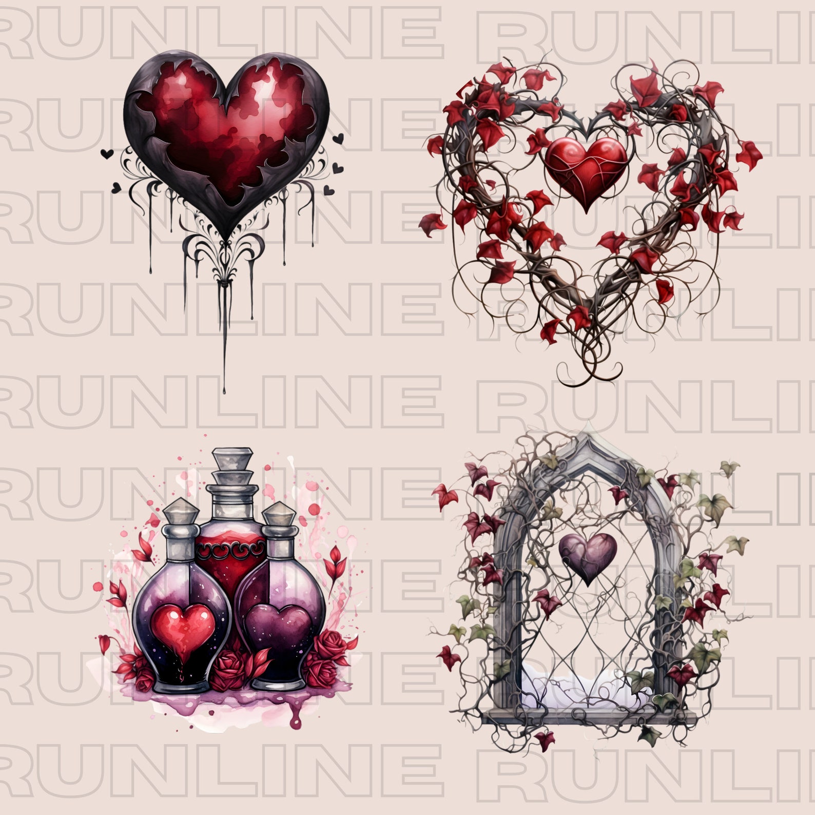 Gothic Valentine's Day PNG Bundle, Watercolor Gothic Valentine's Day ...