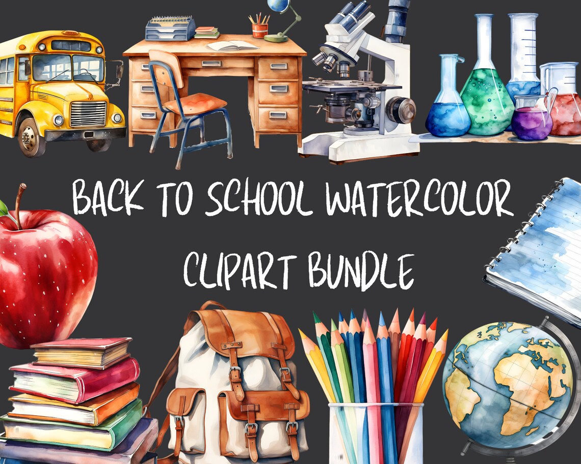 Back to School Clipart, School PNG Bundle, Watercolor School Clipart ...