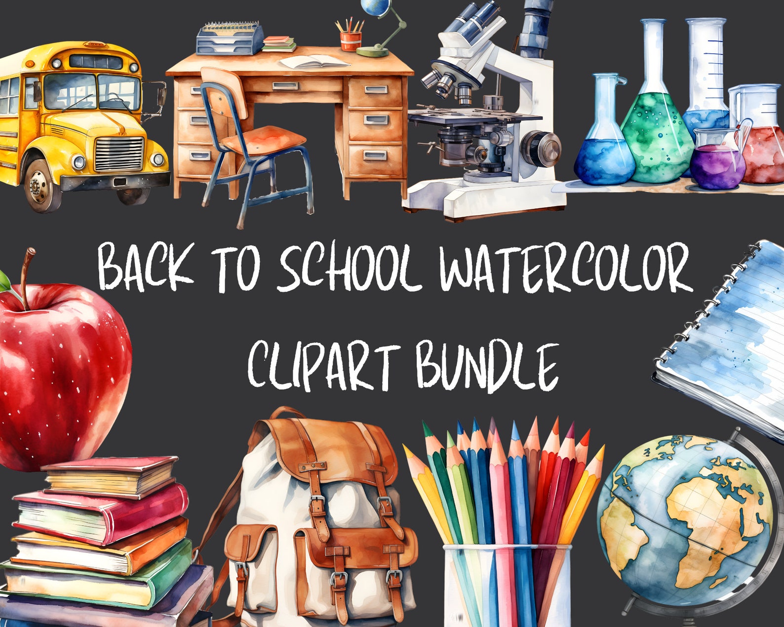 Back to School Clipart, School PNG Bundle, Watercolor School Clipart ...