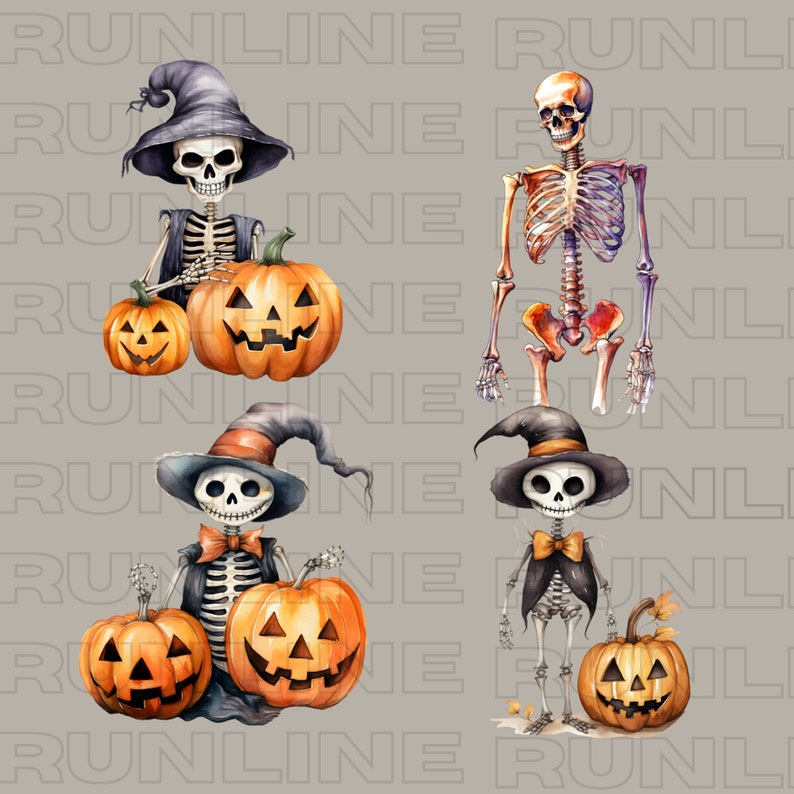 Skeleton Watercolor Clipart Bundle, Halloween PNG Clipart, Autumn ...